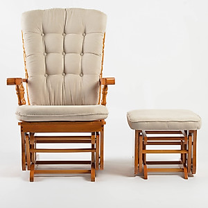 Wlvos Anti-Pinching Glider Chair for Nursery, Wood Glider Rocker with Ottoman Set, Nursery Rocking Chair for Living Rooms, Bedrooms (Antique Brown)