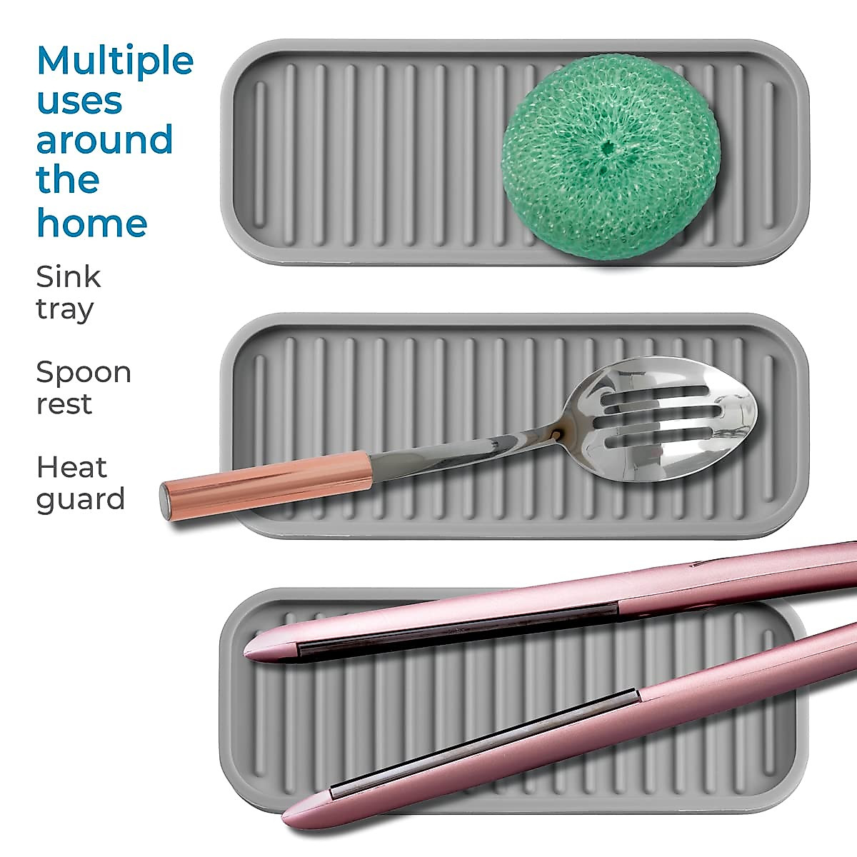 iDesign 63883 Lineo Silicone Kitchen Sink Tray for Sponges, Scrubbers, Soap, Stovetop Spoon Holder, 9" x 3.5" x 0.5", Gray