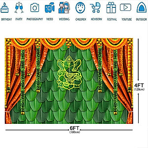 Ticuenicoa 6x4ft India Pooja Traditional Photography Backdrop Banana Leaf Green Chatiya Ganesh Background Puja Ganpati Pooja Mehndi backdrops Decorations Wedding Party Marigold Garlands Photo Props