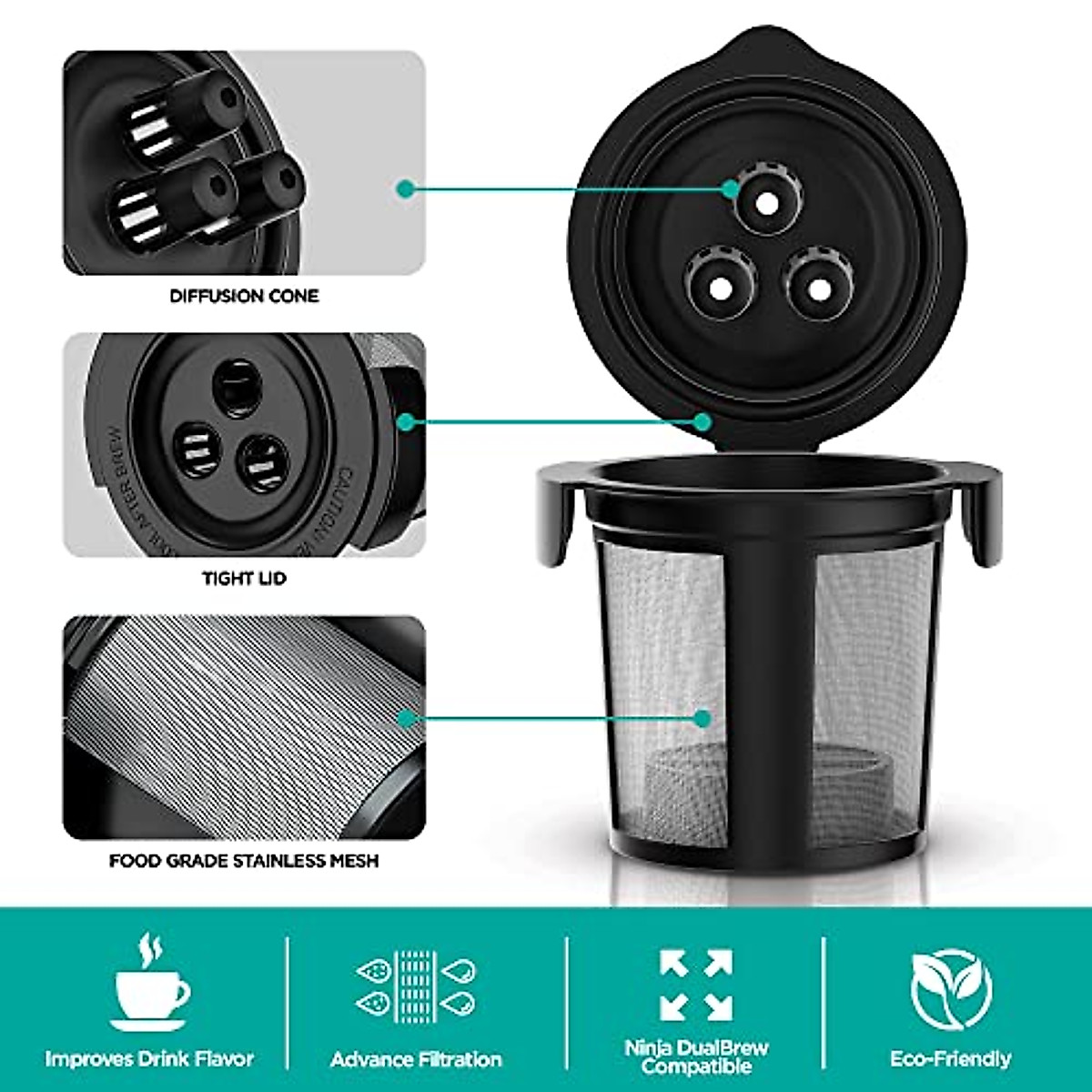 4 Ninja Reusable Coffee Filter Pods for Ninja Dual Brew Coffee Maker - K Cups for Ninja Coffee Maker DualBrew Pro, CFP201 CFP301 CFP400 - Reusable K-Cups Filters for Ninja Coffee Brewer