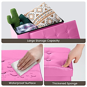 COSYLAND Ottoman Bench with Storage large - 30x15x15in folding Leather Ottoman, Rectangle Foot Stool Foldable Storage Chest Ottoman Footrest Footstool Collapsible with Lid for Bedroom Living Room Pink