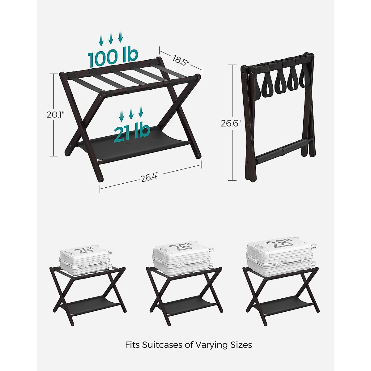 SONGMICS Luggage Rack, Wood Luggage Rack for Guest Room, Folding Suitcase Stand, for Hotel, Bedroom, Heavy-Duty, Holds up to 121 lb, Expresso and Black URLR006R01