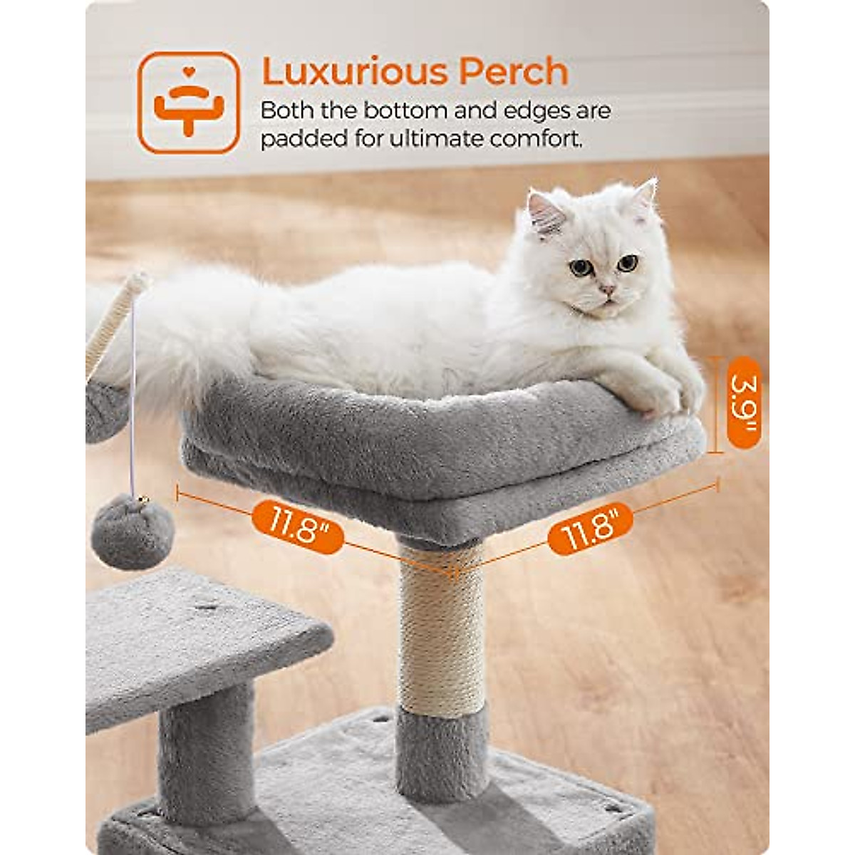 Feandrea Cat Tree, Small Cat Tower with Padded Perch, Cat Cave, 3 Pompoms, Cat Activity Center, Light Gray UPCT121W01