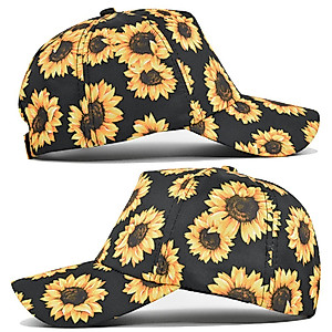 Womens Criss Cross Ponytail Hat Sunflower Hat Ponytail Bun Sun Hat for Women (Black)
