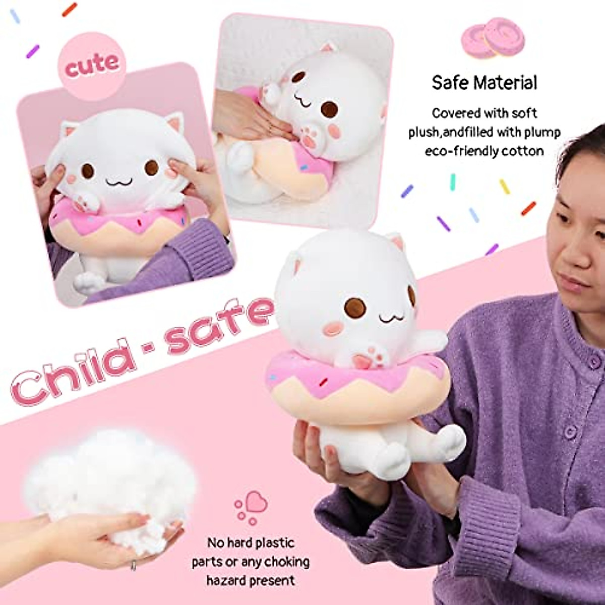 AIXINI Cute Plush Donut Cat Stuffed Animal, Super Soft Kawaii Cat Kitten Plushies for Kids 10inch (White,A)