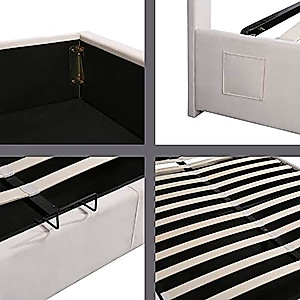 Harper & Bright Designs Upholstered Full Platform Bed with LED Headboard, Bluetooth Player and USB Charging, Velvet Fabric Full Size Bed with Lift Up Storage, No Box Spring Needed (Beige)