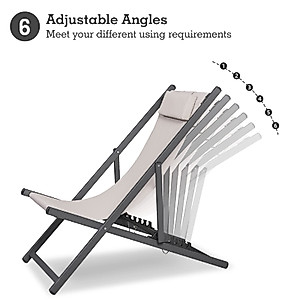 RICNOD Outdoor Sling Chairs Set of 2 Portable Folding Aluminum Reclining Lounge Chairs Adjustable Patio Deck Chairs with Headrest, 2 Folding Stools, Beige