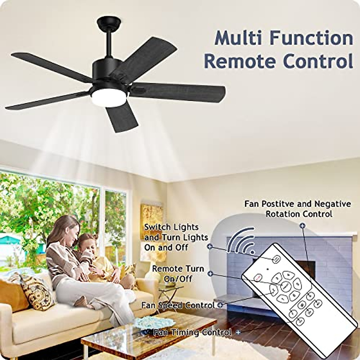Biukis Ceiling Fans with Lights and Remote, 52 Inch Outdoor Ceiling Fan with Remote, Modern Black Fan with Lights for Patio Farmhouse Bedroom