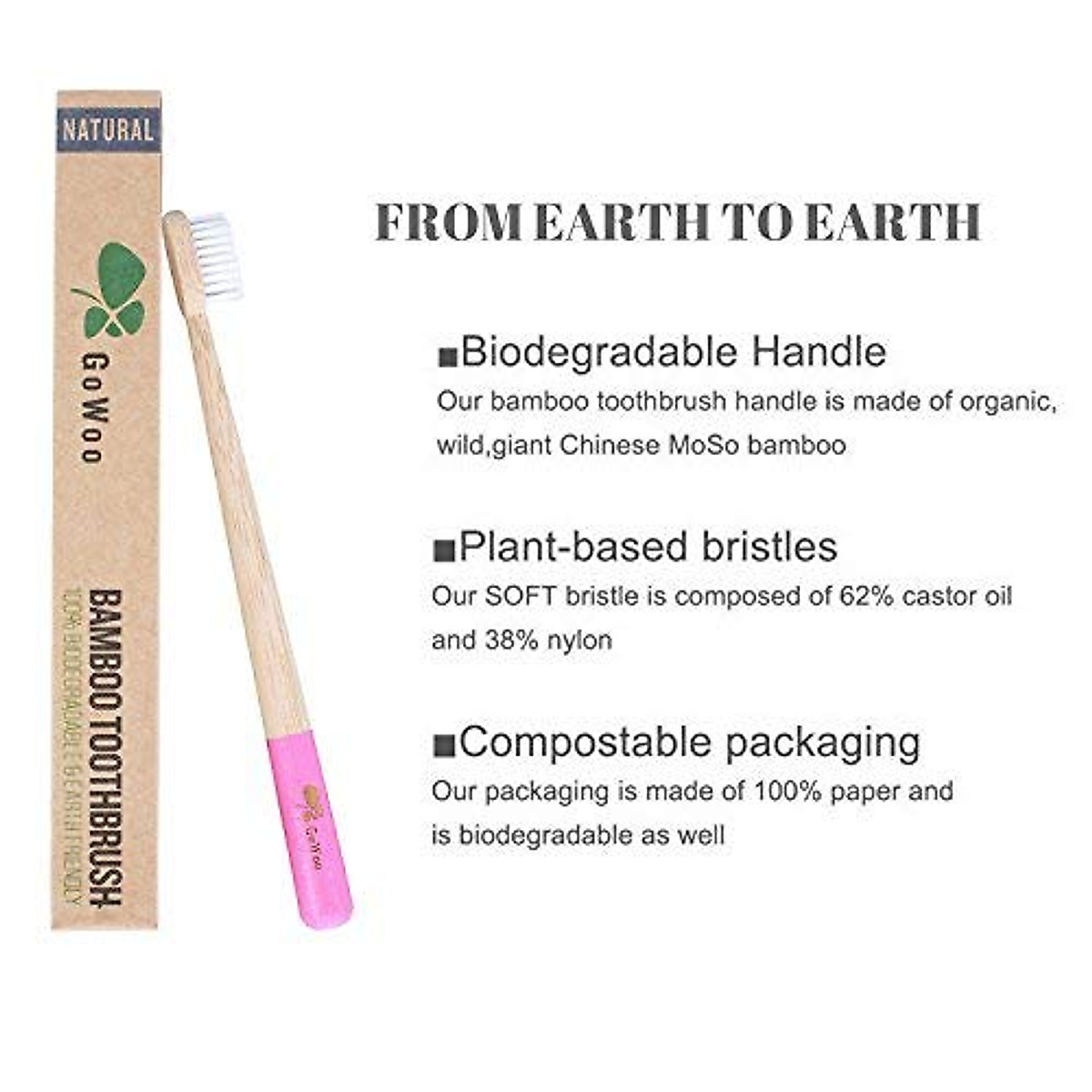 GoWoo 100% Natural Bamboo Toothbrush Soft - Organic Eco Friendly Toothbrushes with Soft Nylon Bristles, BPA-Free, Biodegradable, Dental Care Set for Men and Women, Pack of 4 (Soft)