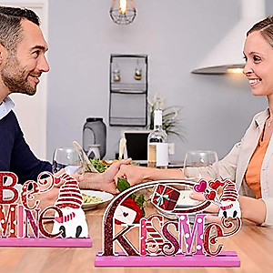 Happy Valentine's Day Decorations, 4 Pcs Wooden Gnomes Kiss Me Signs, Be Mine Tabletop Centerpiece Signs with Pink Hearts for Valentine's Day Gifts Mantle Shelf Table Home Decors