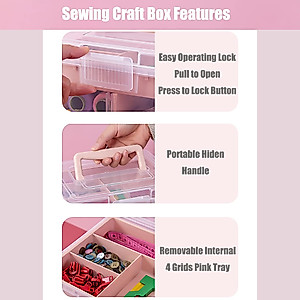 FOREVERIE Clear Plastic Office Supply Art & Craft Storage Box, Sewing Box Organiser Large with a Removable Tray & Adjustable Partition, Portable Travel Makeup Case (Clear & pink)