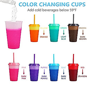 Color Changing Cups with Lids & Straws - 7 Pack 12 oz Reusable Cute Plastic Tumbler Bulk - Kids Small Funny Travel Straw Tumblers/Adults Iced Cold Drinking Party Cup