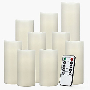 RY King Battery Operated Flameless Candle Set of 9 Real Wax Pillar Decorative Led Fake Candles with Remote Control and Timer