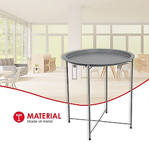 Home Basics , Matte Grey Foldable Round Multi-Purpose Metal Side Accent, Coffee, End Table for Bedroom, Living Room