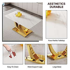 7 Pieces Modern Dining Table Set for 6 People Kitchen Dining Room Table Set Faux Marble Glass Dining Table and 6 White Upholstered Chairs,Dining Kitchen Table Set, Home Kitchen Furniture