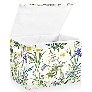Kigai Collapsible Blooming White Flowers Storage Basket with Lids and Handles,Storage Bins for Shelves Closet Bedroom,Office Storage