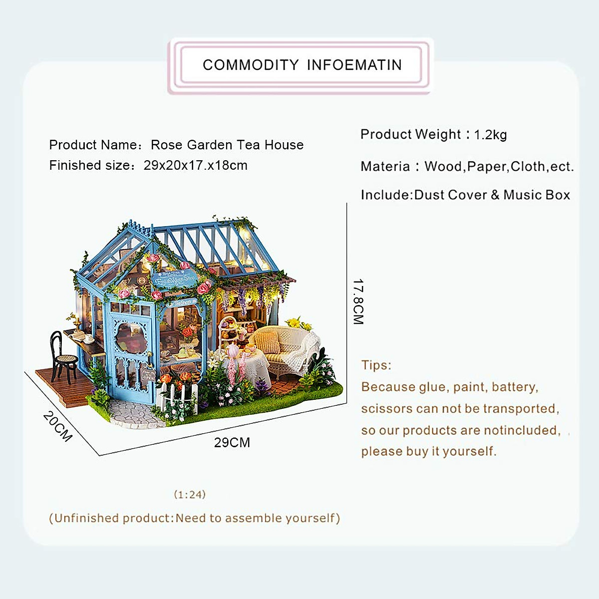 CUTEBEE Dollhouse Miniature House with Furniture, DIY Dollhouse Kit with Dust Proof, Music Movement, 1:24 Scale Creative Room for Valentine's Day Gift for Family and Friends (Rose Garden Tea House)