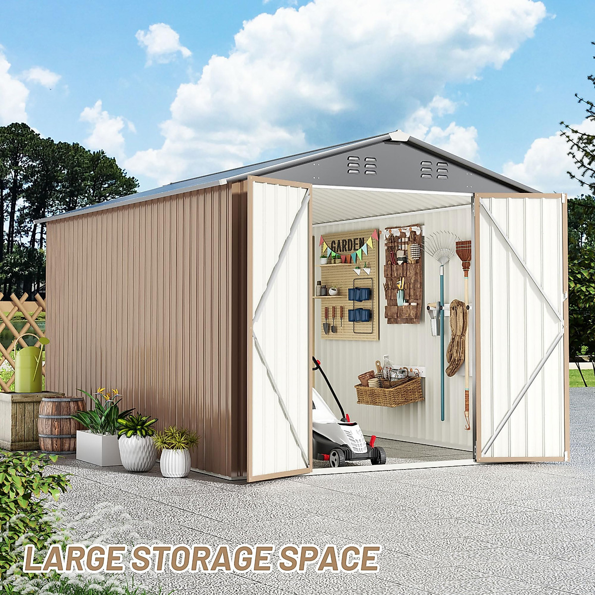 WKM Outdoor Storage Shed 8x12 FT, Utility Metal Tool Storage with Lockable Doors and Updated Frame Structure, Large Metal Garden Shed for Backyard, Patio Lawn, Brown