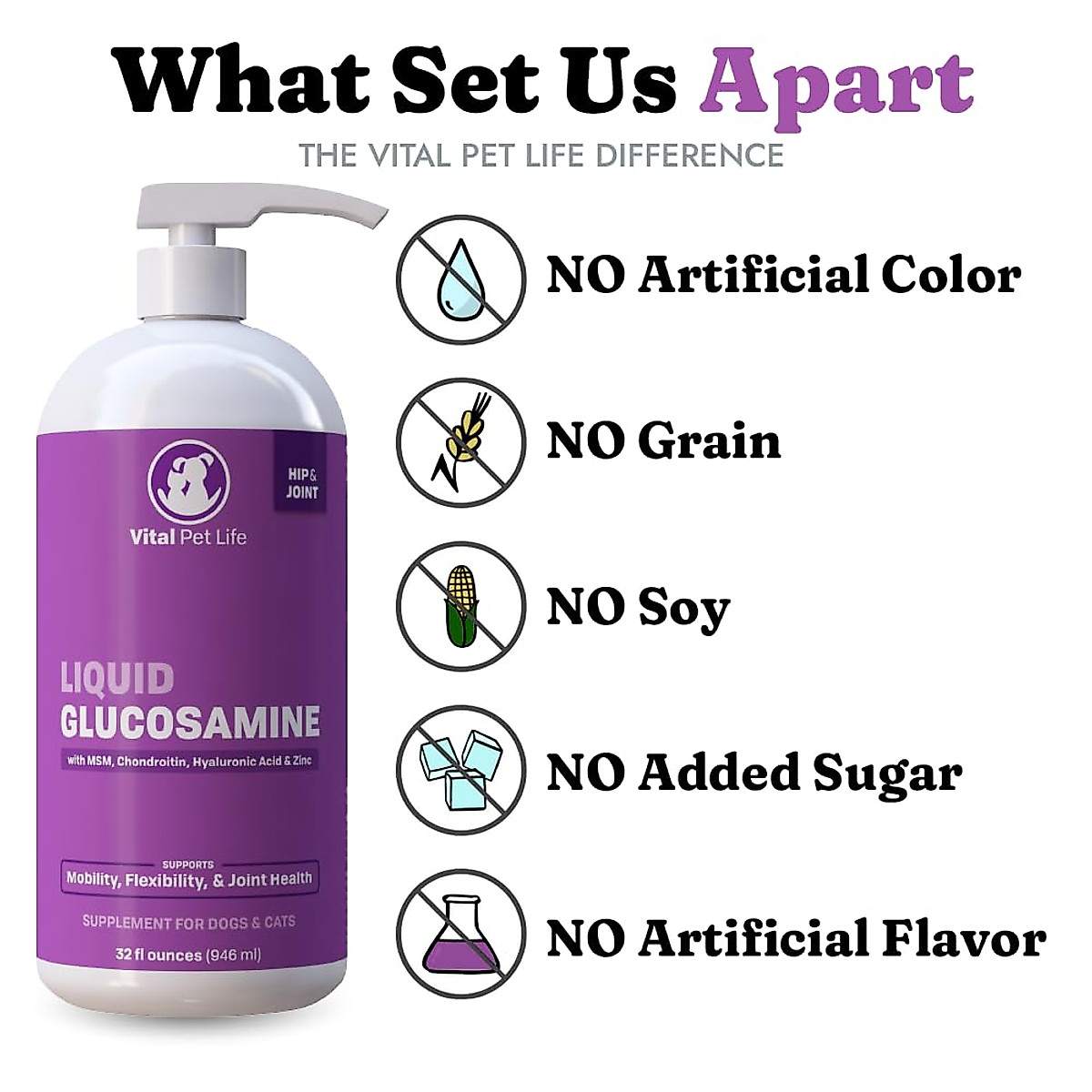 Liquid Glucosamine for Dogs Cats & Horses with Chondroitin, MSM, and Hyaluronic Acid, Hip & Joint Supplement for Mobility & Comfort, Supports Joint Health & Flexibility, Mobility, & Protection, 32 oz