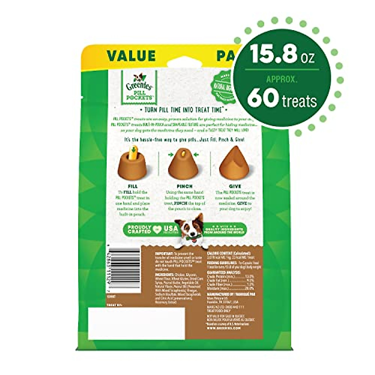 GREENIES PILL POCKETS for Dogs Capsule Size Natural Soft Dog Treats with Real Peanut Butter, 15.8 oz. Pack (60 Treats)