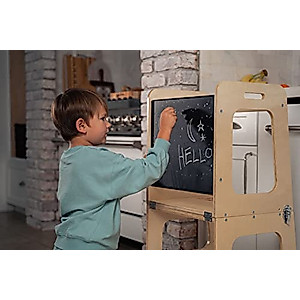 Avenlur Date 4-in-1 Kitchen Tower Montessori and Waldorf Style for Toddlers and Kids 18 Months to 6 Years - The Ideal Counter Stepping Stool with Chalkboard, Desk Table, and Chair All in One