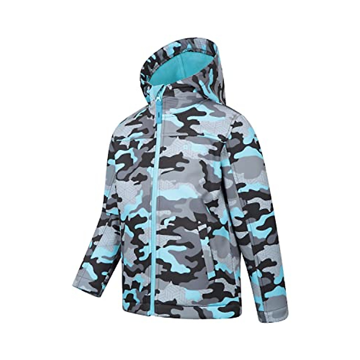 Mountain Warehouse Exodus Kids Softshell Jacket With Hood - Girls Boys Coat Blue Camo 11-12 Years