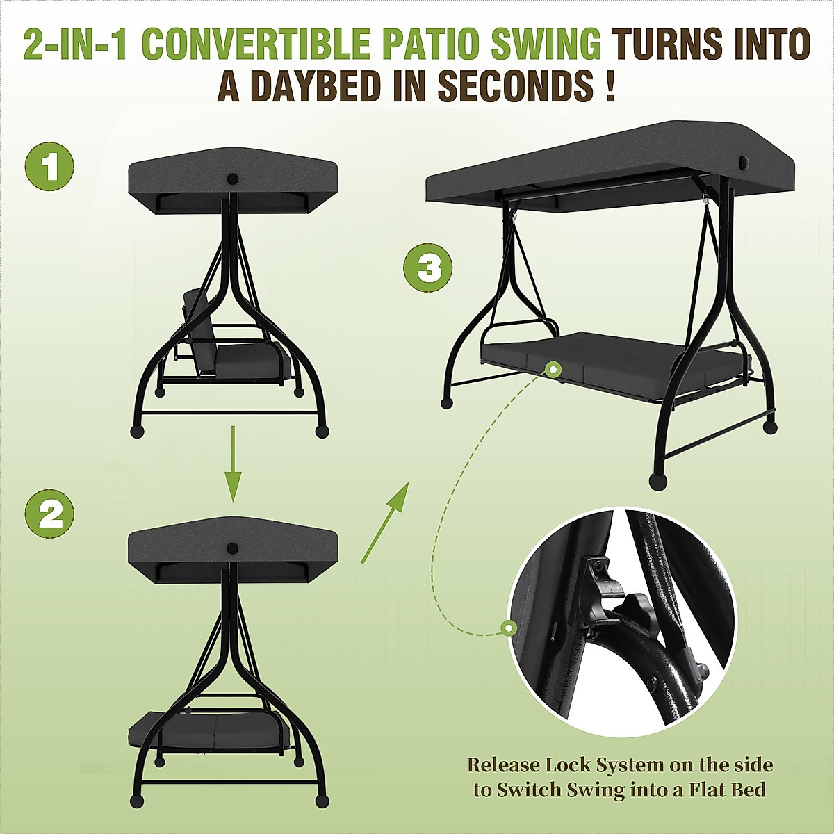 MUPATER Patio Porch Chairs, 3 Seats Outdoor Canopy Swings Glider with Stand and Cushion for Outside, Backyard, Deck, Lawn