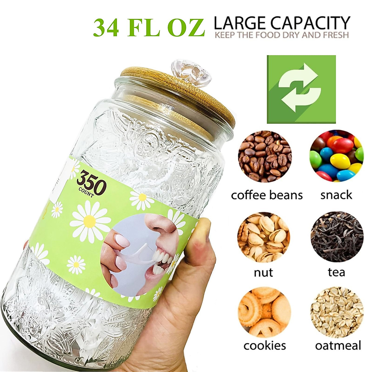 H2SON Glass Containers with Lids, 34 FL OZ Food Canisters Storage Jars with 350 Count Floss Picks, Sourdough Starter Jar for Kitchen Counter, Using Pet Treat Pantry, Coffee, Tea, Sugar （Sunflower）