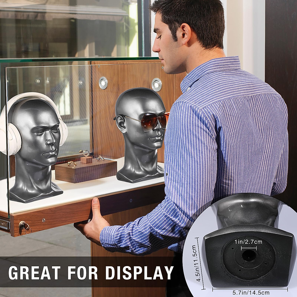 Geetery 2 Pcs Large Male Mannequin Head PVC Manikin Professional Man Head Model Silver Grey Display Stand for Display Wigs, Mask, Headset, Headphone, Hats, Jewelry, Hair, Glasses