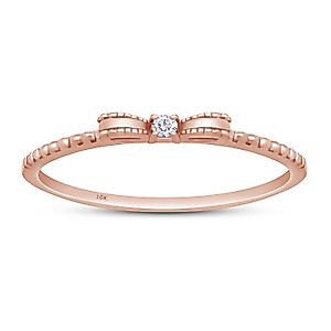 Round White Natural Diamond Accent 10k Solid Rose Gold Bow Ribbon Beaded Band Promise Ring (I-J Color, I2-I3 Clarity) Ring Size-5.5