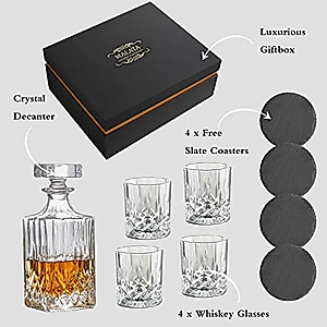 Whiskey Decanter and Glasses Set Crystal Bourbon Decanter Set with 4 Whiskey Glasses for Liquor Scotch Rum Vodka Gifts for Men Dad Husband Birthday Anniversary Plus 4 Free Coasters