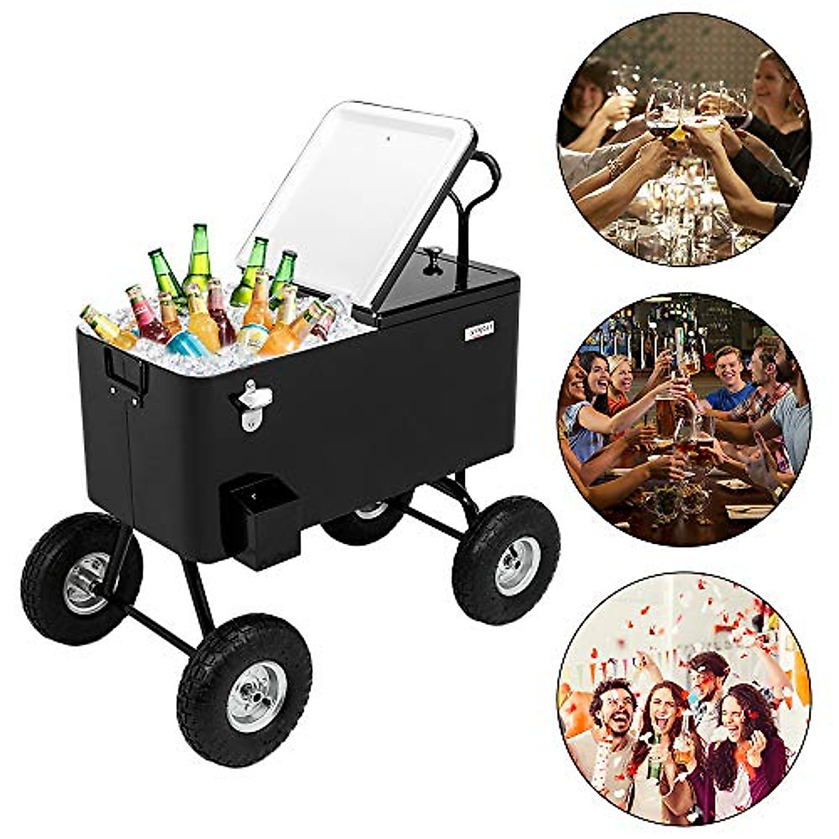 VINGLI 80 Quart Wagon Rolling Cooler Ice Chest, w/Long Handle and 10" Wheels, Portable Beach Patio Party Bar Cold Drink Beverage, Outdoor Park Cart on Wheels (Black-Wagon)