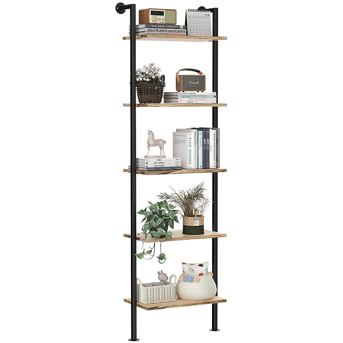 5-Tier Bookshelf Solid Wood Ladder Shelf, Narrow Book shelf Display Shelf, Wooden Ladder Shelf Bookcase, Wall Mount Ladder Shelf, Storage Rack for Living Room, Bedroom, Industrial Style, Rustic Brown