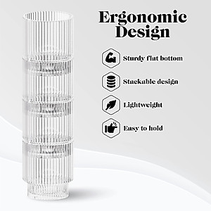 American Atelier Vintage Art Deco Fluted Drinking Glasses | Ribbed Glassware for Cocktail, Gin, Whiskey, & More | Modern Glassware | Lowball Fluted Cocktail Glasses | Set of 4 | 9 Oz (Clear)