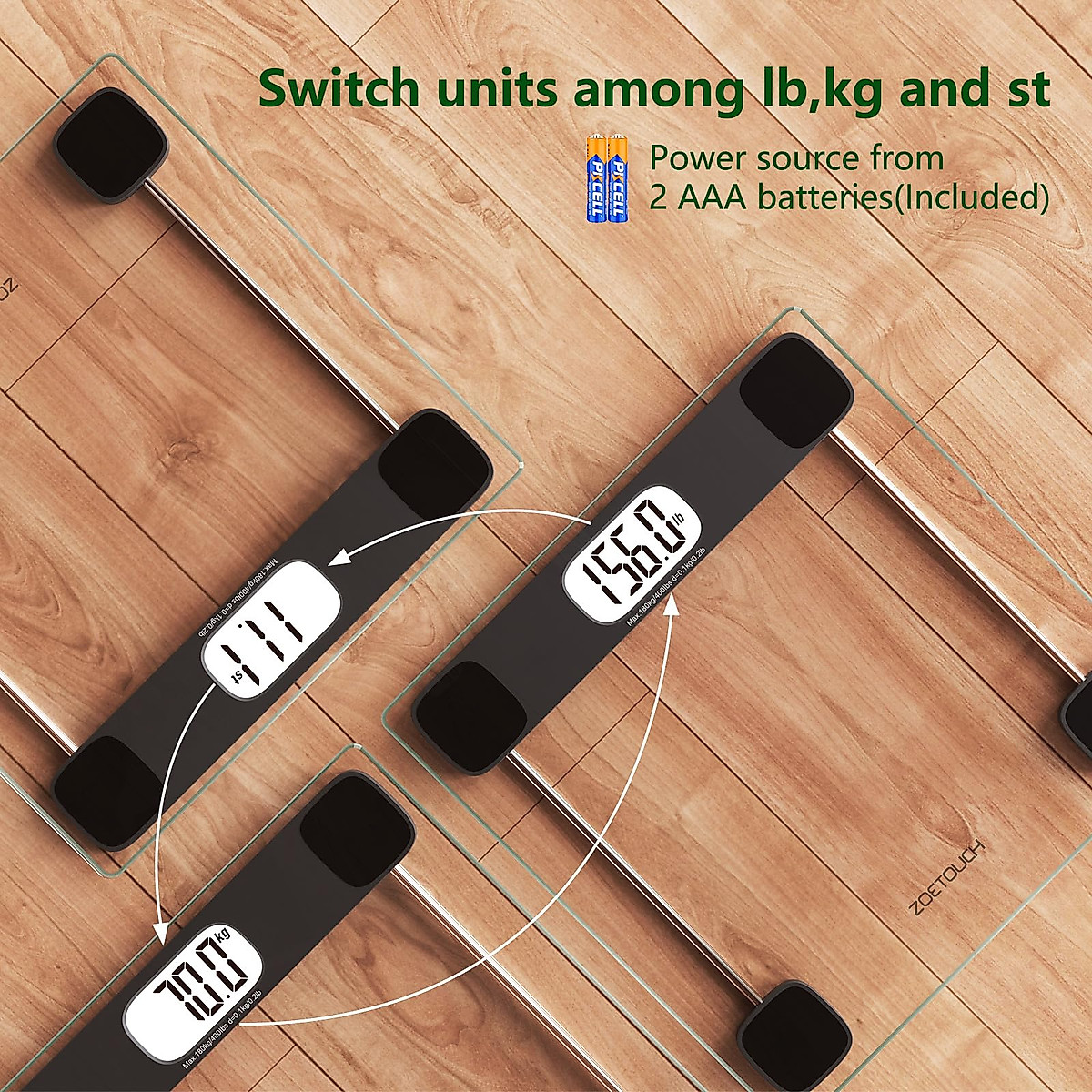 ZOETOUCH Scale for Body Weight Digital Bathroom Scale Weighing Scale Bath Scale, LCD Display Batteries and Tape Measure Included, 400lbs