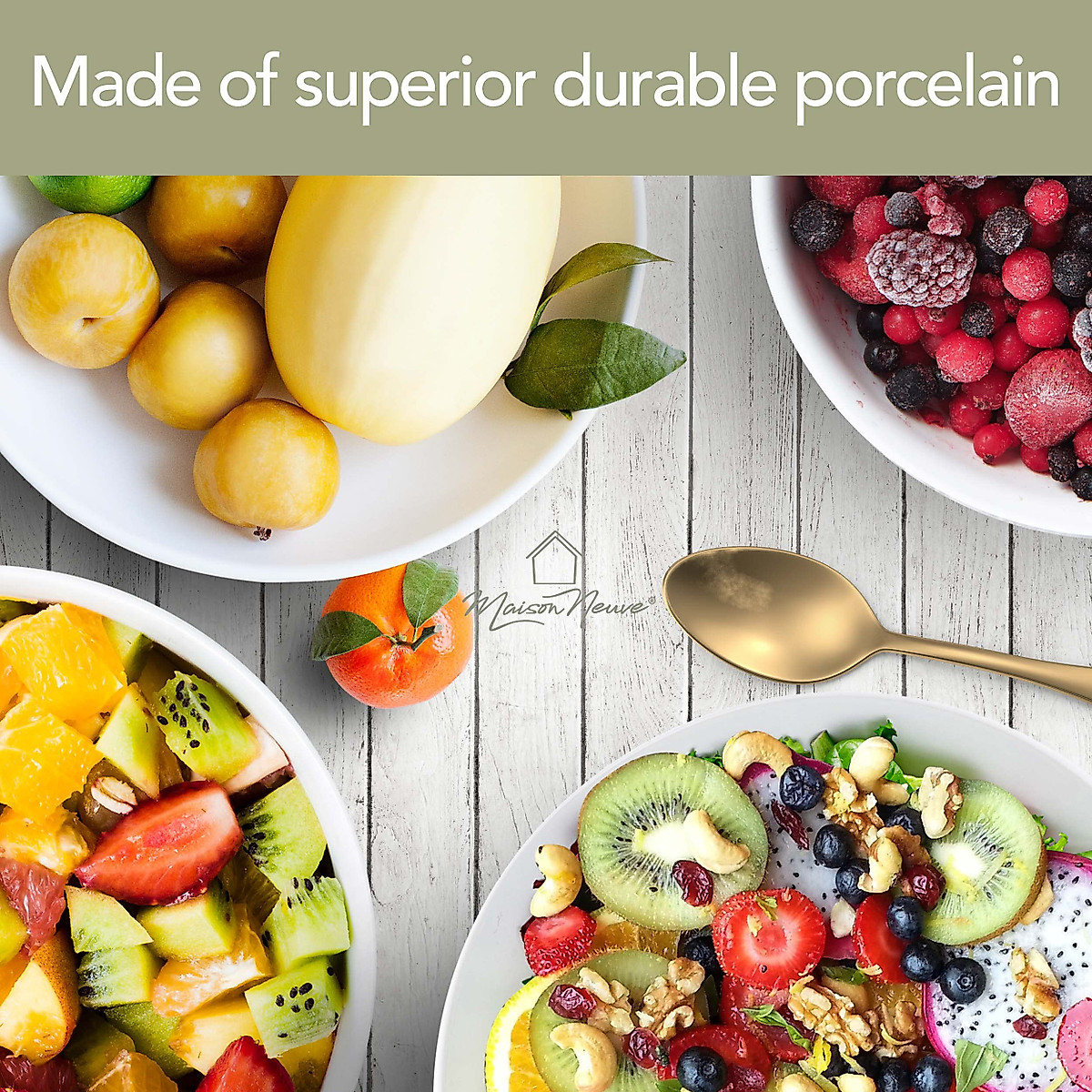 Maison Neuve Premium Porcelain White Dinner Bowls [Set of 4]- 40oz Dinnerware Kitchen Bowls For Soups, Noodles, Pasta, Salads, Desserts- Durable Dishwasher-Safe 9” Serving Bowls- Super White