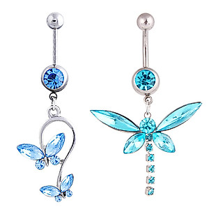 Butterfly Dangle Belly Button Rings For Women Blue Crystal Stainless Steel Animal Cute Sexy Butterfly Belly Button Rings Set Jewelry For Women (Blue)