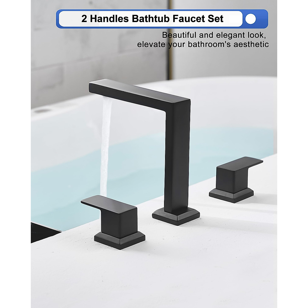 HEYMYTAP High Flow Bath Tub Faucet, Roman Bathtub Faucet Black Tub Faucet Set Solid Brass Soaking Tub Faucet 2 Handle Bathtub Faucets Deck Mount Quiet Longer Spout Reach 5.3 inch No Leaks