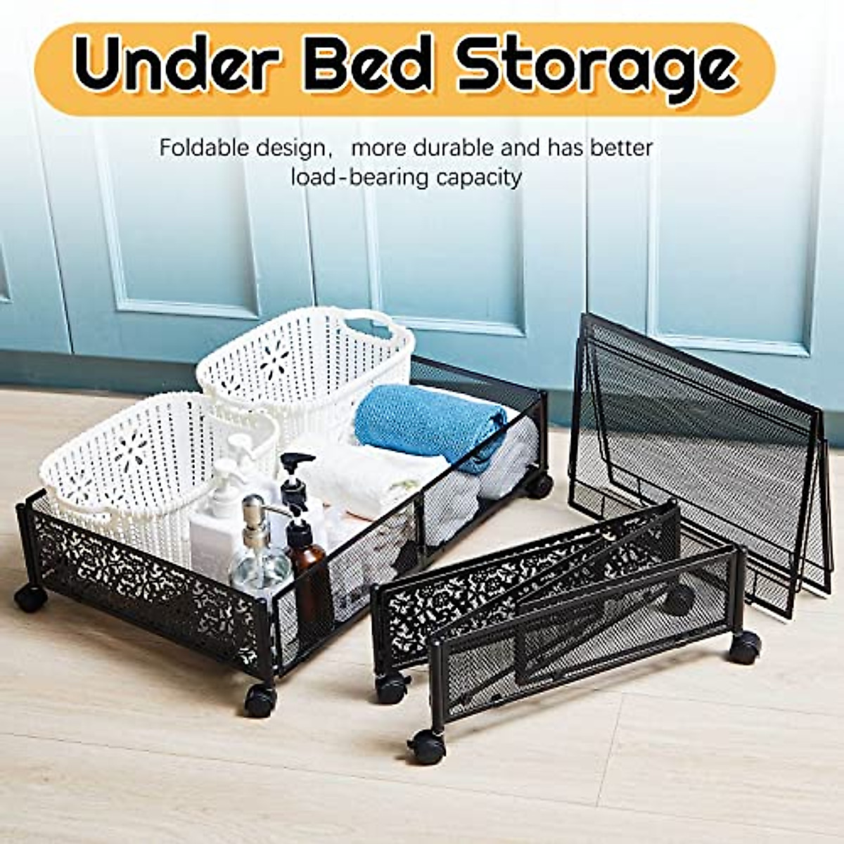 4 Pcs Under Bed Storage with Wheels, Black Rolling Under Bed Bins Drawer Foldable Under bed Containers Metal Under Bed Shoe Storage Organizer for Clothes Blankets, 16 x 24 x 6 Inch