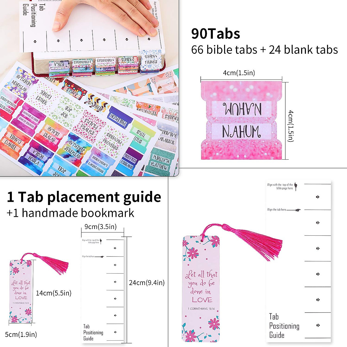 Colorful Floral Bible Tabs Laminated with Matte Film, Cute Bible tabs for Women and Girl, 90 Bible Index tabs in Total, 66 tabs for Old and New Testament, Additional 24 Blank tabs