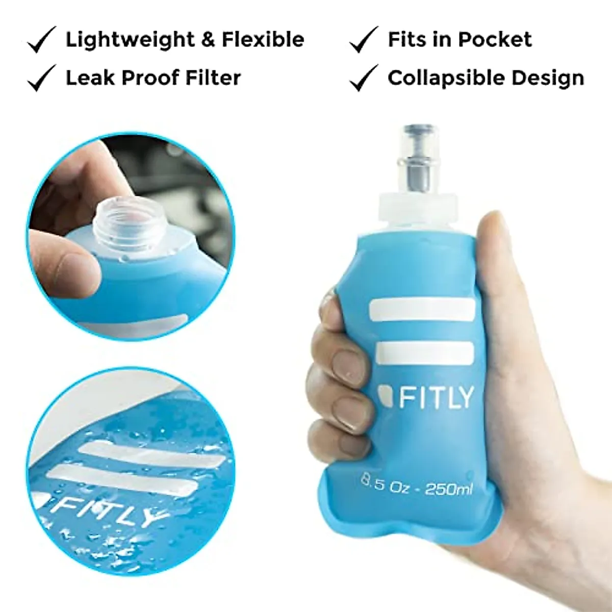 FITLY Soft Flask - 8.5 oz (250 ml) - Shrink As You Drink Soft Water Bottle for Hydration Pack - Folding Water Bottle Ideal for Running, Hiking, Cycling, Climbing & Rigorous Activity (FLASK250)