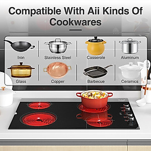 GIHETKUT Electric Cooktop, Hot Plate Electric Control by Knob, Built-in 4 Burners Electric Stove Top with 9 Power Levels, Child Safety Lock & 99mins Timer, 220-240V, 7200W