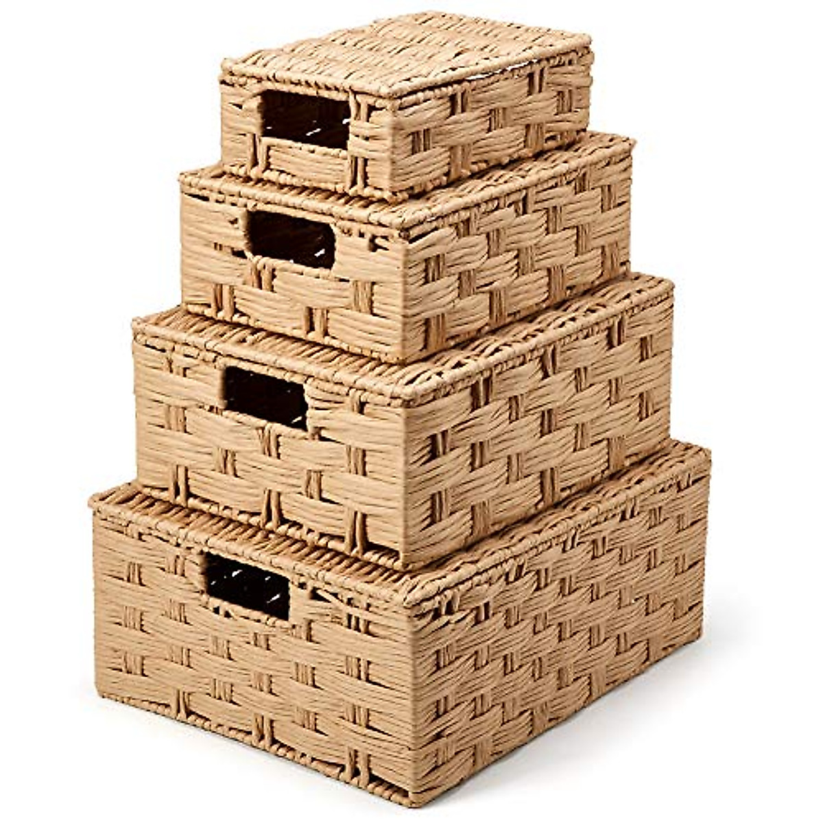 EZOWare Set of 4 Woven Stackable Storage Baskets with Lid, Decorative Paper Rope Organizer Nesting Bin with Handles - 4 Sizes, Beige