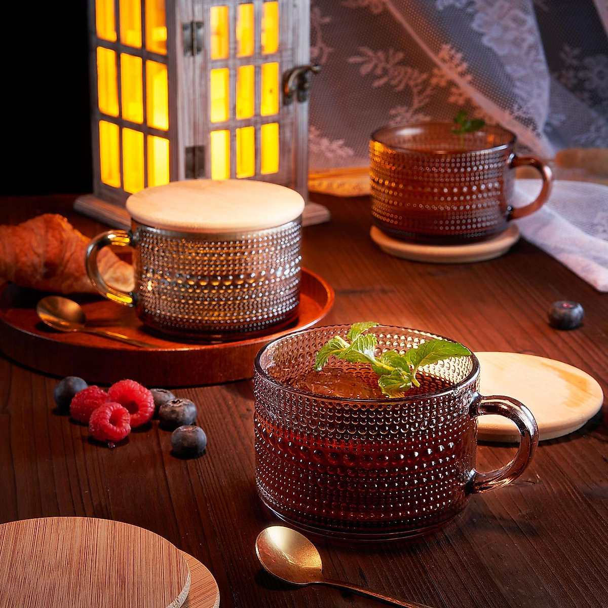 Khen Fall Colors Glass Coffee Mugs Set With Handles, Spoons & Lid | Set of 6 | 15oz Hobnail Embossed With Bamboo Lids & Gold Spoons, Glassware Mug Bubble Glasses - Cute Cups Coffee, Tea Oats Colored