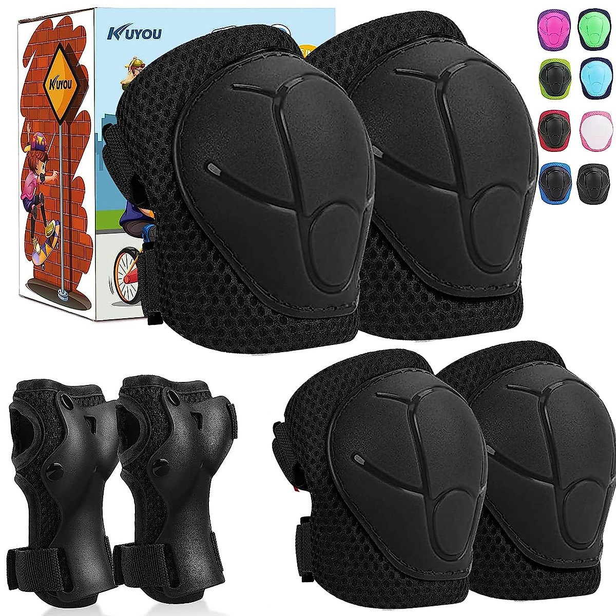 Kid's Protective Gear Set,Roller Skating Skateboard BMX Scooter Cycling Protective Gear Pads (Knee Pads+Elbow Pads+Wrist Pads),(Black)