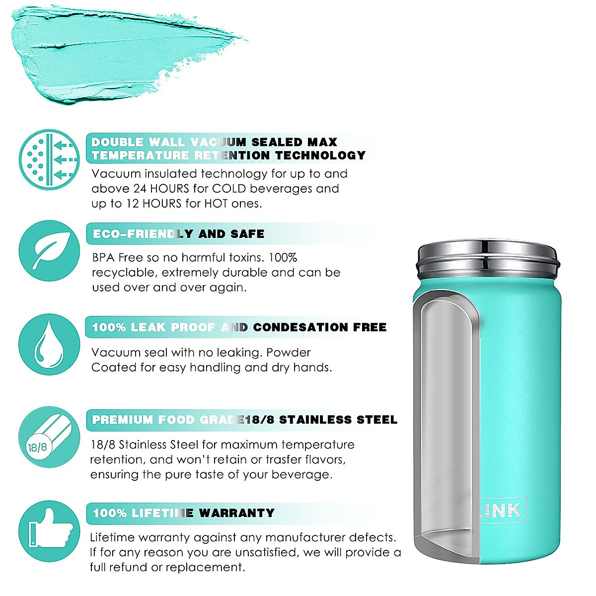 GLINK 12oz Kids Stainless Steel Water Bottle with Straw, Wide Mouth Double Wall Vacuum Insulated Water Bottle Leakproof for Toddler, Straw Lid and Spout Lid with New Rotating Rubber - Turquoise