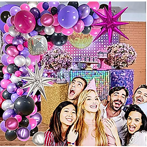 Women Birthday Disco Party Decorations, Girls Birthday Party Balloons Black Purple Rose Red Metallic Silver Explode Star Mylar Silver Disco Ball Balloon for Females Bachelorette Hip Pop Party Decor
