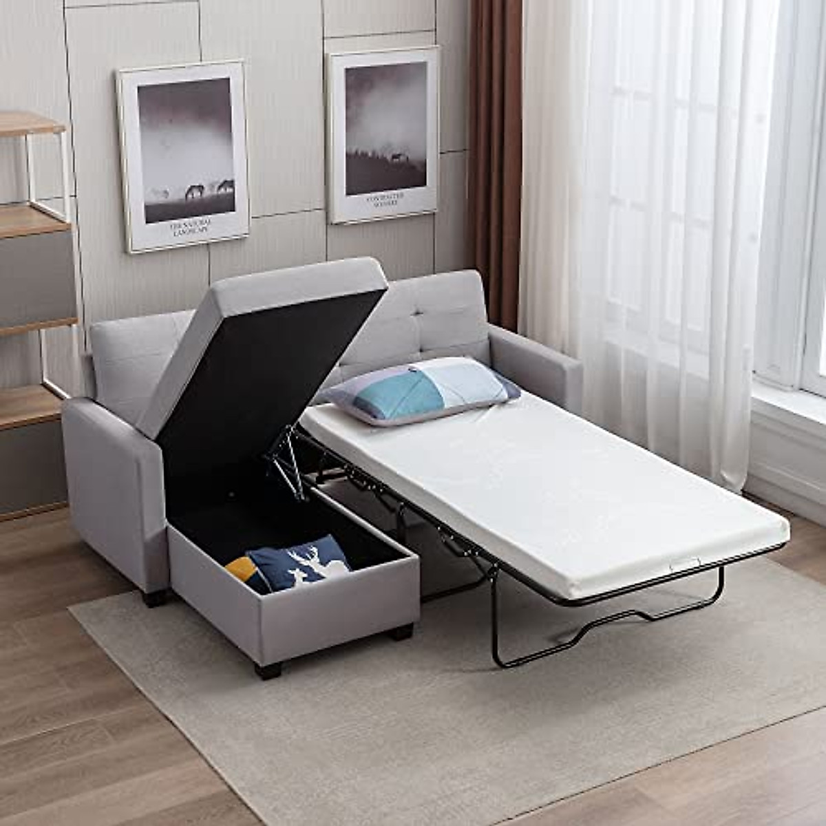 Merax Modern L-Shaped Reversible Couch with Storage Chaise, Sleeper Sofa Bed with Pull Out Mattress for Small Space Light Gray Sectional, Black