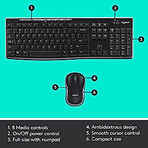 Logitech MK270 Wireless Keyboard And Mouse Combo For Windows, 2.4 GHz Wireless, Compact Mouse, 8 Multimedia And Shortcut Keys, For PC, Laptop - Black