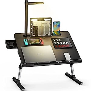 Laptop Bed Tray Desk with LED Desk Light, SAIJI Adjustable Laptop Stand for Bed, XX-Large PVC Leather Foldable Laptop Table with Book Stand, School Supplies for High School College Students (Black)